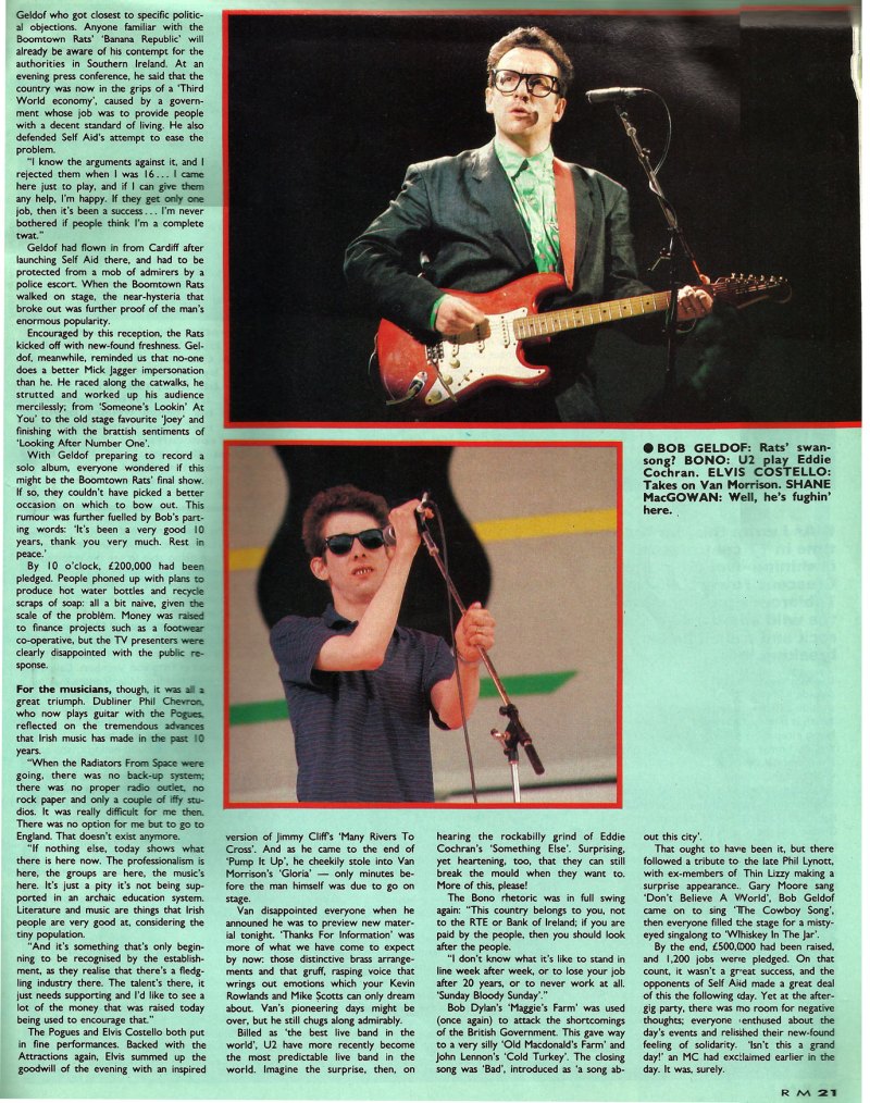 Self Aid Concert, RDS Dublin, May, 1986 – Record Mirror – Brand New Retro